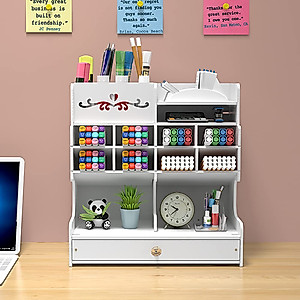 White Pen Organizer with Drawer, DIY Pencil Holder Desk Tidy Caddy Office Stationery Desktop Organizer for Home, Office and School(PB18-1-White)