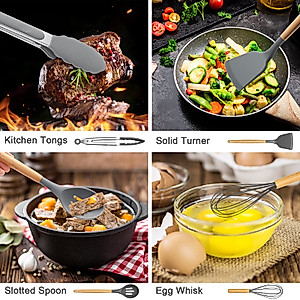 33 PCS Silicone Cooking Utensils Set, Kitchen Utensils Spatula Set with Holder, Wooden Handles Heat Resistant & BPA Free & Non-Toxic -Best Kitchen Gadgets Tools for Cookware(Gray)