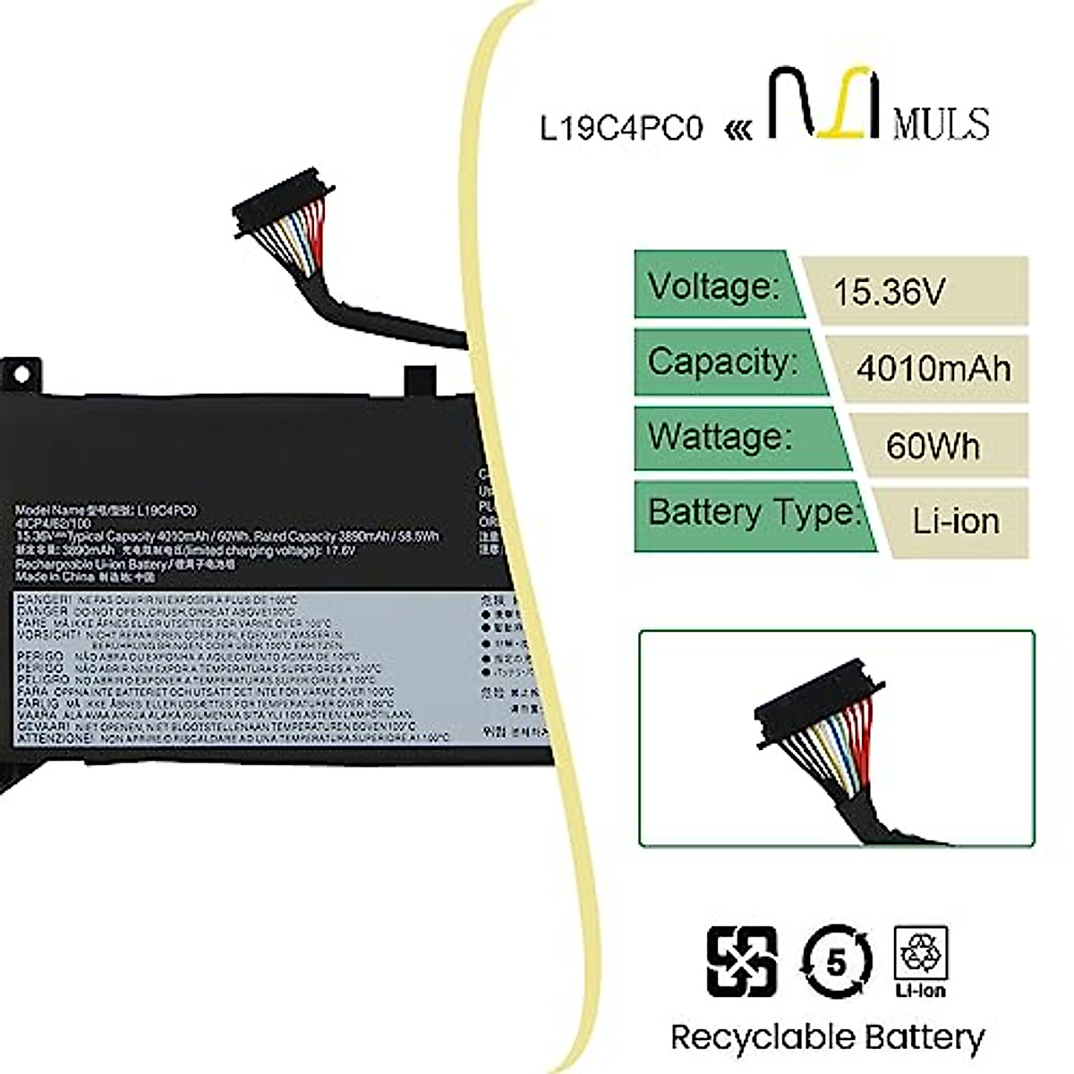 MULS 60Wh L19C4PC0 Laptop Battery Compatible with Lenovo Legion 5P-15IMH05 Legion 5-15IMH05 5-15ARH05 Series L19C4PC1 L19M4PC1 L19M4PC0 5B10W86194 5B10W86192 5B10W86195 5B10W86196 4010mAh