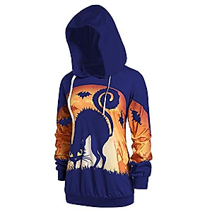Women's Hoodies Sweatshirt Thenlian Womens Loos Cute Long Sleeve Halloween Pumpkin Bat/Cat Hooded Sweatshirt Tops(L, Blue)