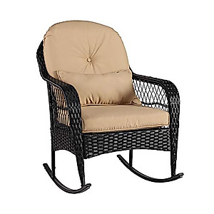 BAIJIAWEI B Outdoor Wicker Rocking Chair - Garden Patio Yard Porch Lawn Balcony Backyard Furniture All- Weather Wicker Rocker Chair with Cushions(1PC,Khaki)