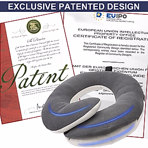 BUYUE Travel Neck Pillows for Airplanes, 360° Head Support Sleep for Long Flight, Skin-Friendly & Breathable, Kit with 3D Contoured Eye Mask, Earplugs and Storage Bag (Adult, Grey, 90+ lbs)