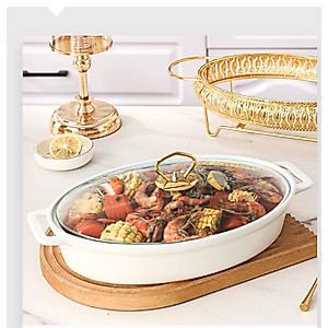 HONHPD 3 Piece Set Stainless Steel Oval Chafing Dish Buffet Set, Ceramic Marble Finish Chafer with Glass Lid, Chafer and Buffet Warmer Set for Buffet Weddings Parties Banquets, Golden
