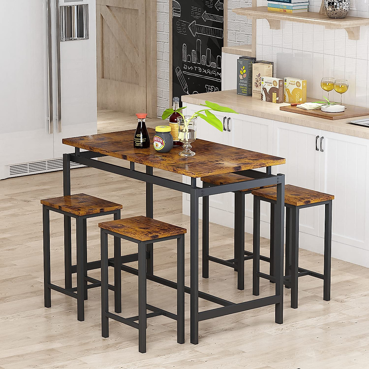 AWQM Bar Table and Stools Set, Rectangle Dining Table Set for 4, Industrial Counter Height Kitchen Bar Table and Chairs Set for Breakfast Nook, Restaurant, Apartment, Small Spaces - Rustic Brown