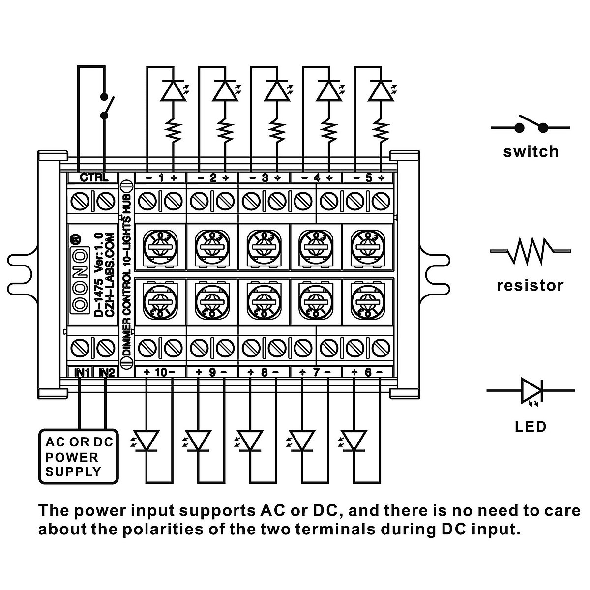 Dimmer Control 10-Lights LED Hub Distribution Module, AC/DC 5 to 24V Input, for HO/N/O Train Model
