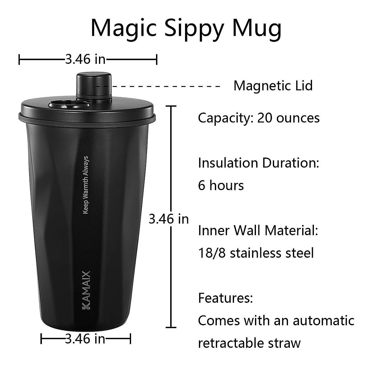 Reginsnow 20oz Insulated Stainless Steel Vacuum Tumbler Cup, Travel Coffee Mug for Home, Office, Outdoor & Car - Black