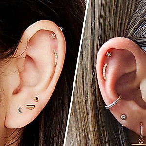 Melighting 16G Helix Earrings 9K Gold Tragus Piercing Jewelry Clear CZ Stud Earring Cartilage Earrings Conch Daith Lobe Piercing for Women Gift