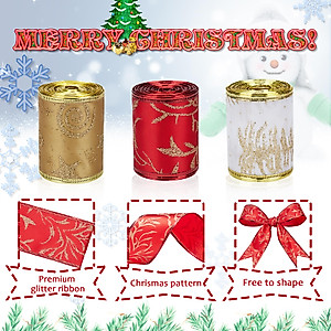 8 Rolls Wired Ribbon for Christmas Tree - 2.5 Inch x 40 Yards Assorted Elegant Organza Glitter Christmas Ribbon for Crafts, Wreath, Home Decoration (Red & White)