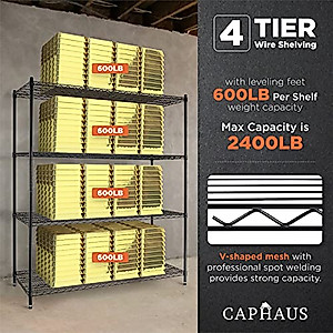CAPHAUS 4-Tier Commercial Grade Heavy Duty Adjustable Height Wire Shelving w/Wheels & Leveling Feet, Storage Metal Steel Shelf, Garage Shelving Storage, Utility Wire Rack Storage Shelving Unit, 60" W