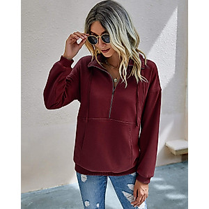 PRETTYGARDEN Women’s Casual Long Sleeve Lapel Zipper Sweatshirt Drawstring Loose Pullover Tops Wine Red