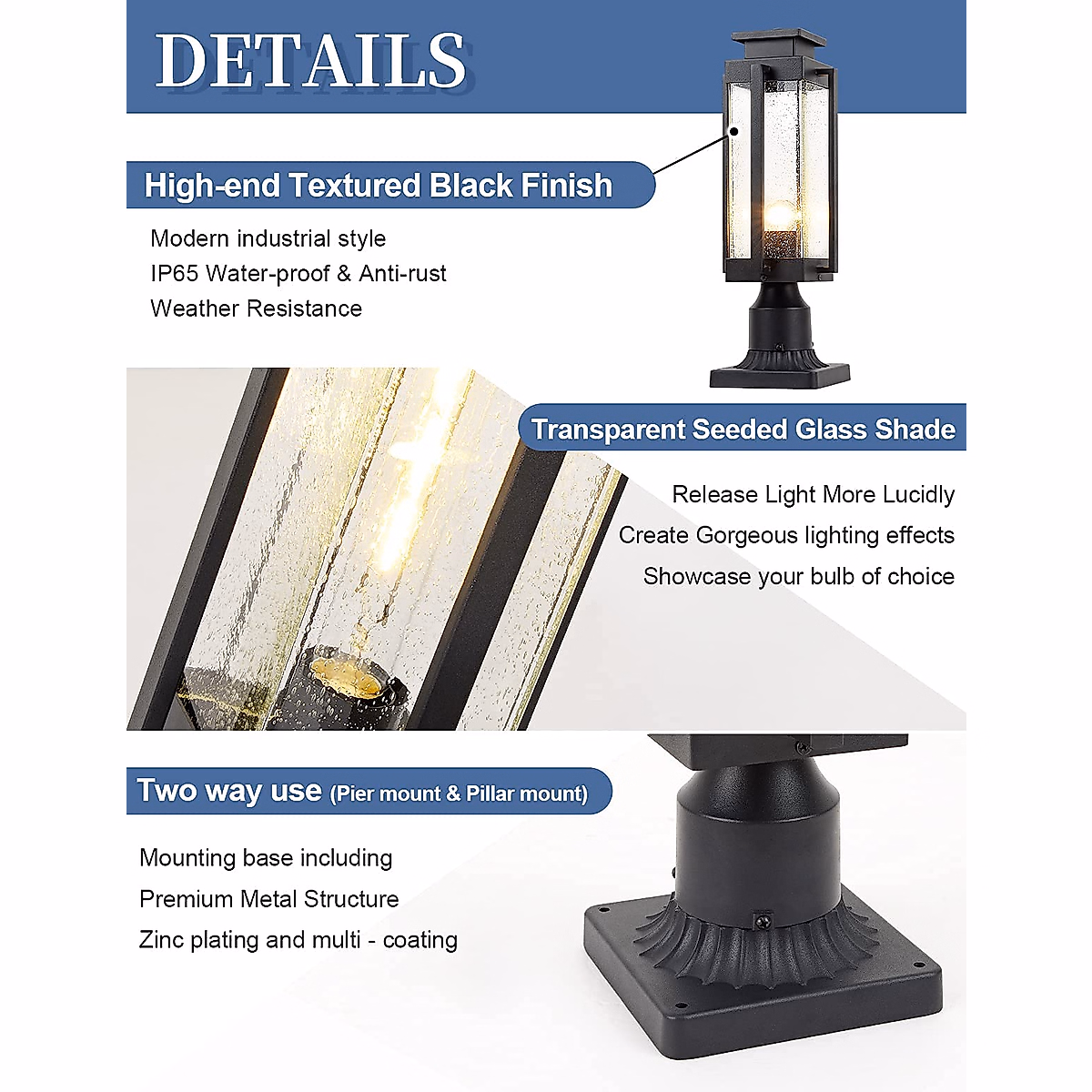 EERU Outdoor Post Light Fixtures 18" Large Exterior Post Lantern with Pier Mount Base IP65 Waterproof Black Finish with Seeded Glass Pier Mount Light Outdoor Pole Light for Patio, Porch, Yard, Garden