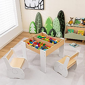 Costzon Kids Table and Chair Set, 4 in 1 Wooden Activity Table & 2 Chairs for Arts, Crafts, Drawing, Reading, 3 PCS Toddler Furniture with Storage, Detachable Blackboard, Gift for Boys Girls (White)