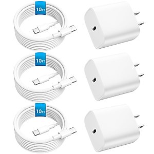 3-Pack 20W USB C Fast Charger for iPhone 15/15 Pro Max Charger for iPad Pro Charger with 10FT USB C to C Cable Fast Charging for iPhone 15 Pro/15 Plus//iPad Mini 6,iPad Air 5/4,iPad Pro 12.9/11/10