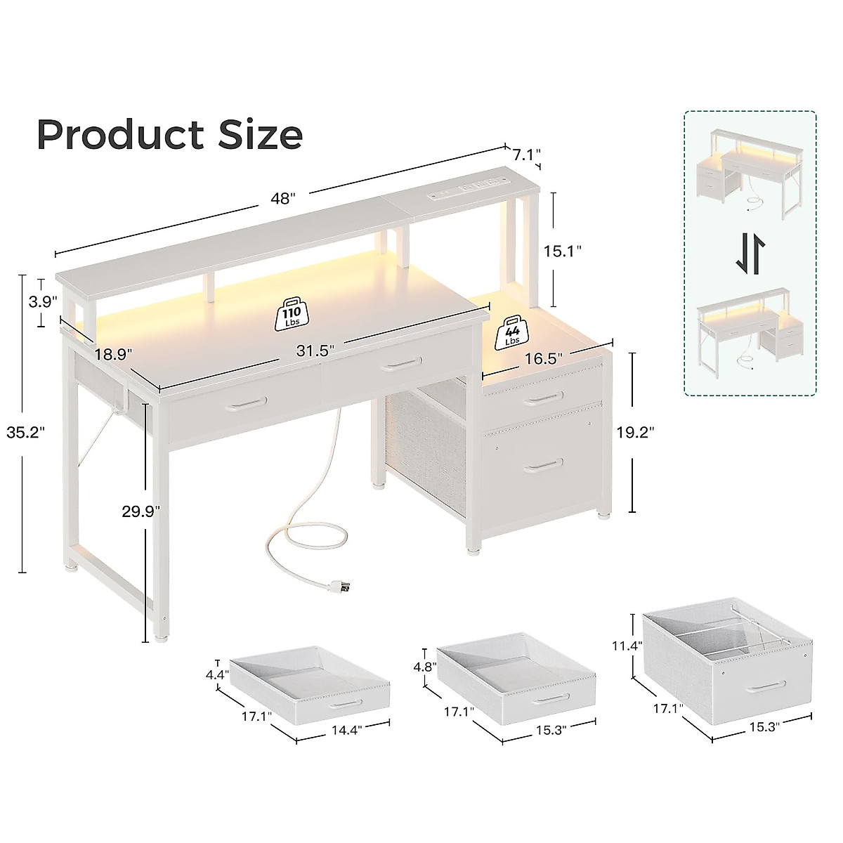 AODK 48-Inch Computer Desk with Fabric File Cabinet and Fabric Drawers, Reversible Office Desk with LED Strip and Power Strip, Gaming Desk with Monitor Riser, Writing/Study Table for Home, White