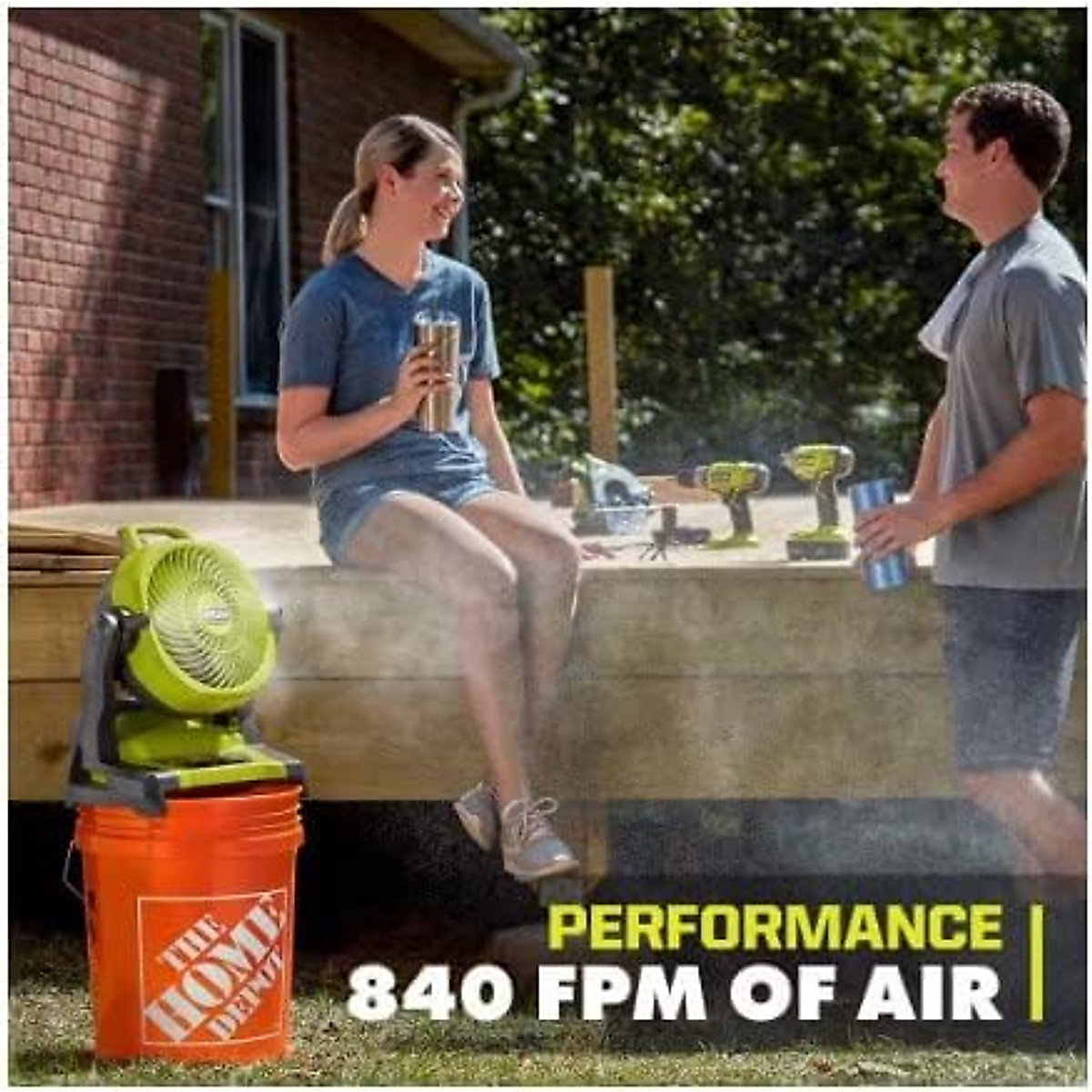 Ryobi ONE+ 18V Cordless 7-1/2 in. Bucket Top Misting Fan (Tool Only, Battery and Charger NOT Included), Yellow/Black, Medium, (PCL851B)