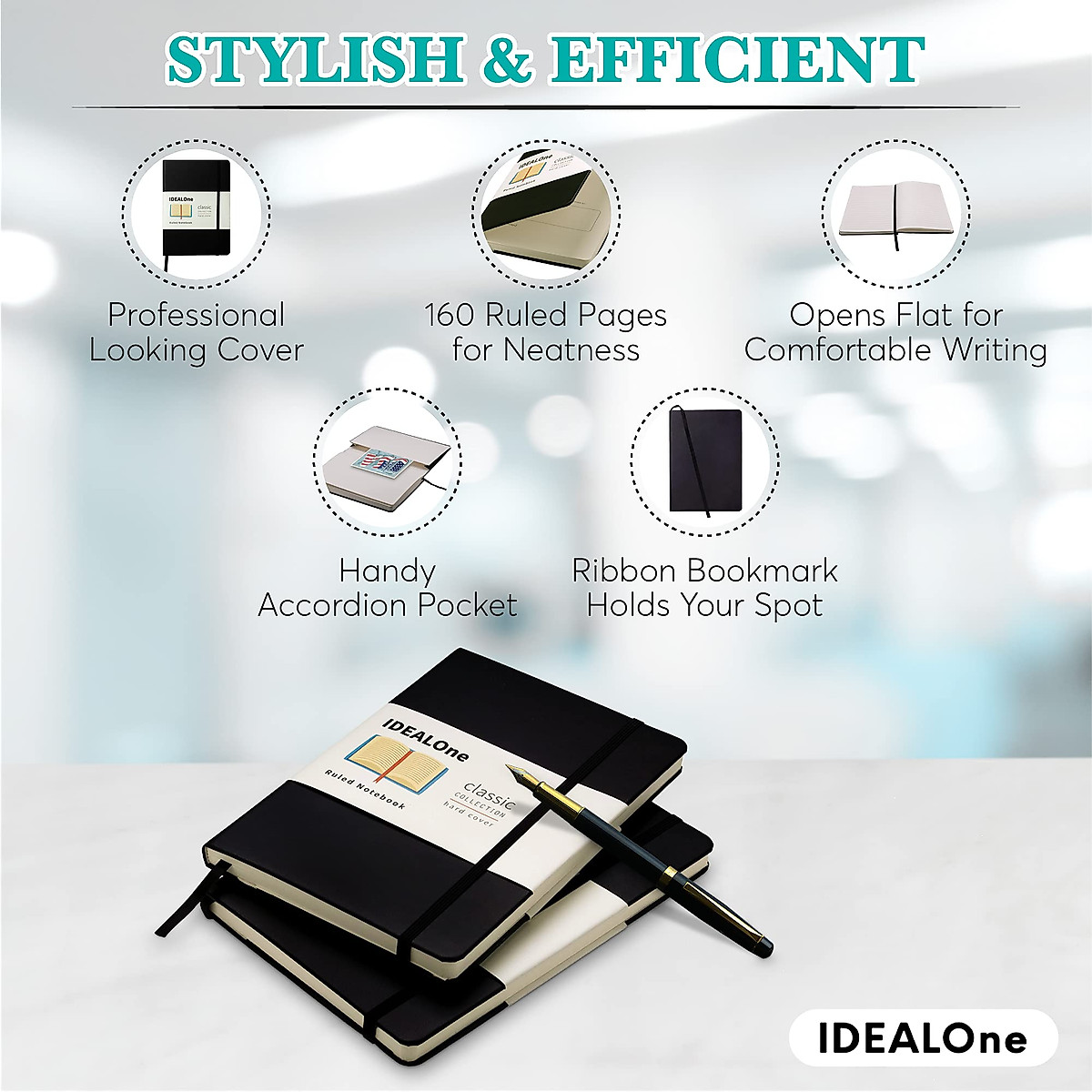 IDEALOne Journal Notebook Lined Classic Hardcover – For Work, Home, School, 5.7 x 8 inches, 160 pages, 100GSM Thick Paper, with Elastic Band Closure and Ribbon Bookmark, Black