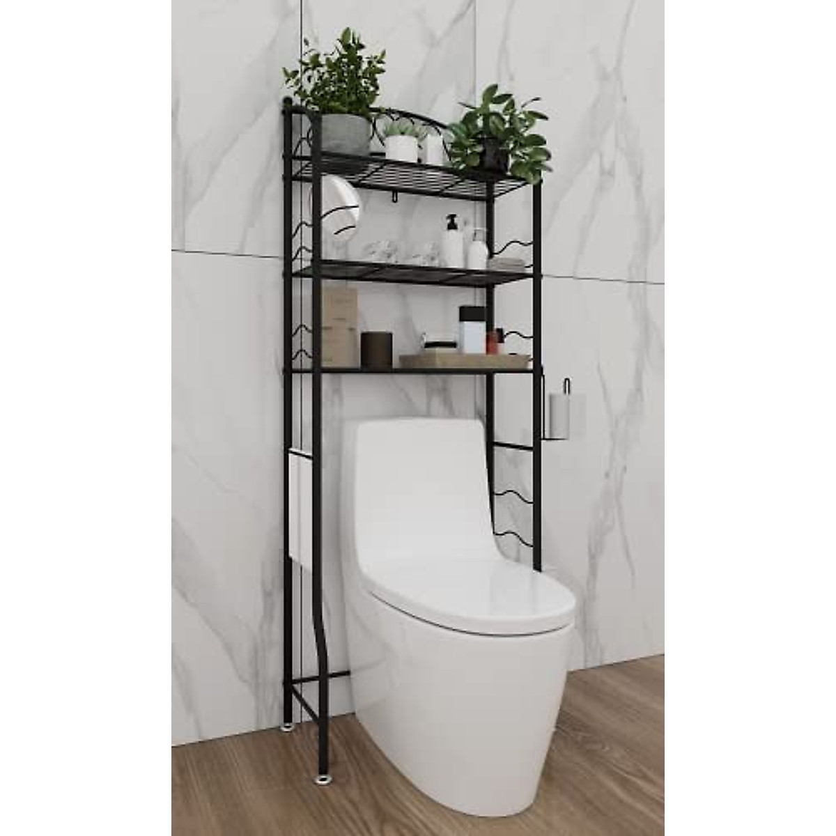 YADOOLIFE Over-The-Toilet Storage Toilet Rack, Behind The Toilet Racks, 3-Tier Bathroom Shelves, Stand Over Toilet Rack, Free Standing Restroom Space Saver, Metal, Black