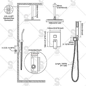 SR SUN RISE 16 Inches Matte Black Shower Set System Bathroom Luxury Rain Mixer Shower Combo Set Ceiling Mounted Rainfall Shower Head Faucet (Contain Shower Faucet Rough-In Valve Body and Trim)