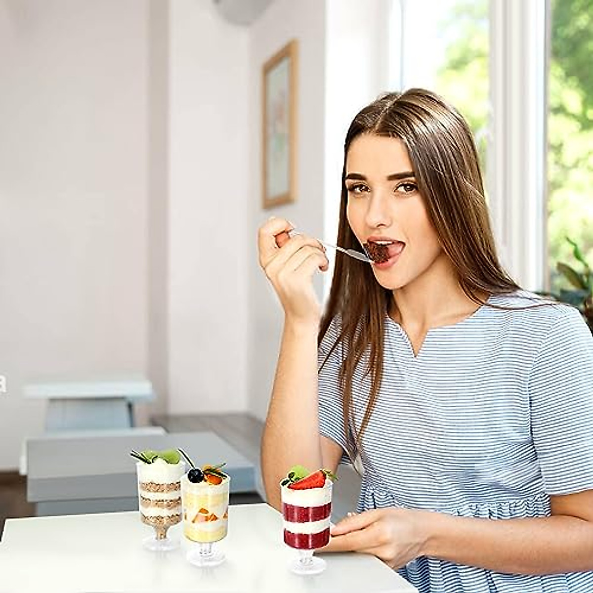 HawHawToys 60 Pack 3 Oz Mini Dessert Cups Disposable Appetizer Cup Goblet,Pedestal Clear Plastic Wine Glasses Parfait Appetizer Cups Serving Bowls for Tasting Party, Wedding, Birthday