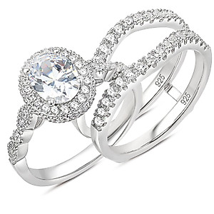 Newshe Jewellery Oval Wedding Set Engagement Rings for Women AAAAA Cubic Zirconia 925 Sterling Silver Ring Enhancer Bridal Set Size 8