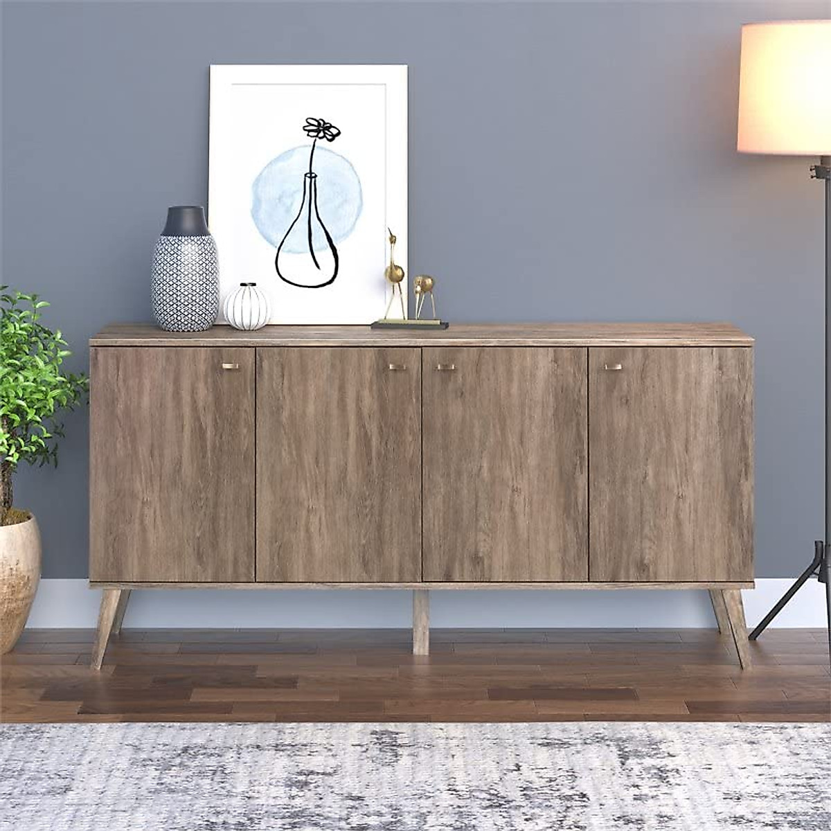 Prepac Milo Mid-Century 4 Door Buffet, 16" D x 64" W x 32" H, Drifted Gray