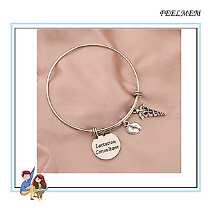 FEELMEM Lactation Consultant Gift IBCLC Breastfeeding Gift Lactation Consultant Wire Bangle with Baby Footprints Charm Jewelry Gift for Lactation Nurse Consultant Breastfeeding Counselor (silver)