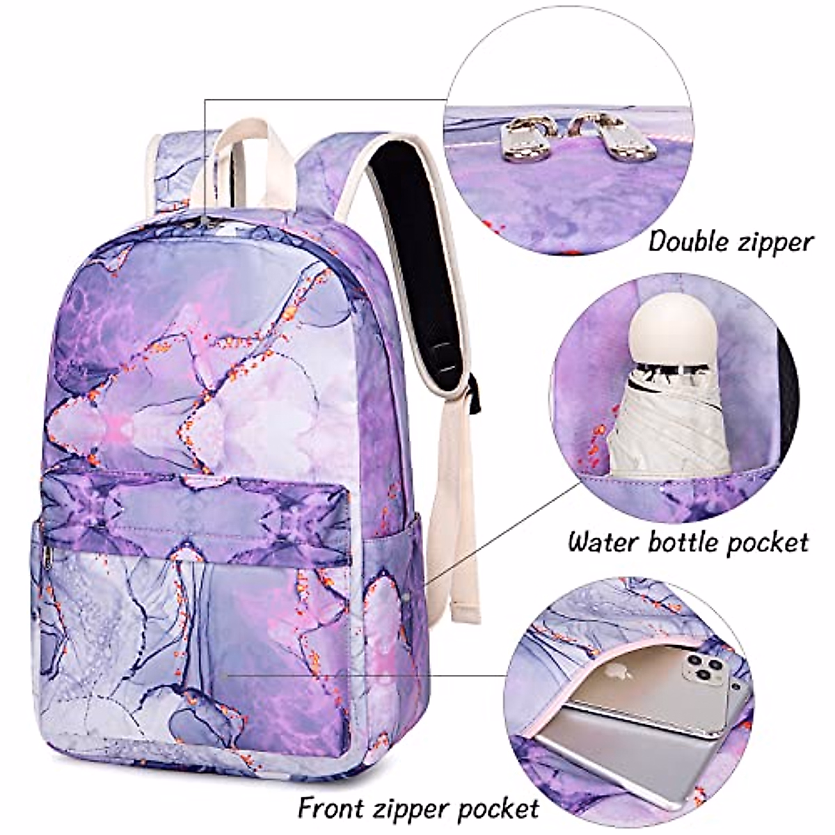 School Backpack for Girls Teens Bookbag Set Tie Dye Kids Backpack 3 In 1,School Bags with Lunch Box Pencil Case(Tie Dye Purple)