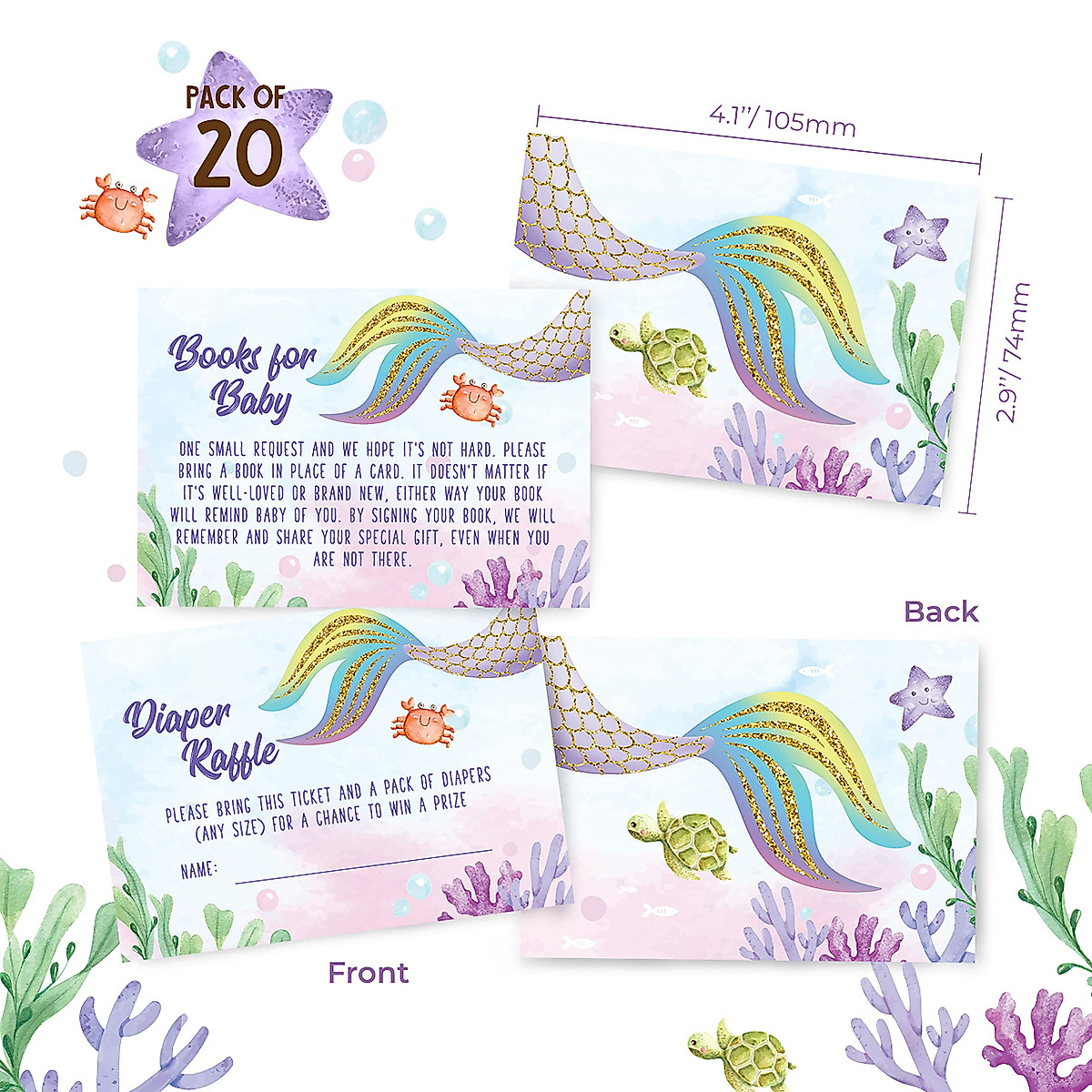 Mermaid Baby Shower Invitations with Envelopes Pack of 20 | Mermaid Birthday Invites 5" x 7" Cards - Ideal for Under-the-Sea Party Decorations & Ocean Party Supplies for Girls