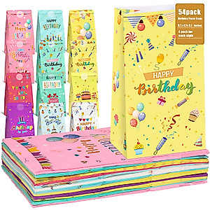 Shindel Party Favor Bags, 54PCS Happy Birthday Treat Bags, Birthday Bags For Kids, 4.7" x 3.1" x 8.7" 12 Designs Colored Paper Bags Goodie Bags for Birthday Party Kids