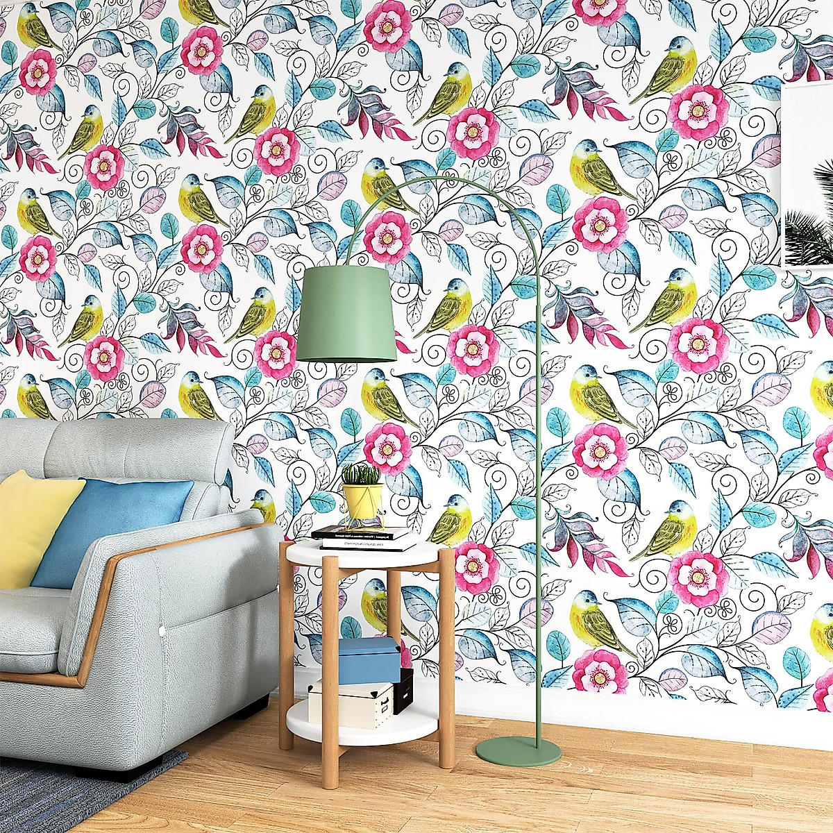 HotDecor 24"x118" Bird Boho Floral Wallpaper Flower Wallpaper Peel and Stick Floral Contact Paper Adhesive Stick on Botanical Wall Paper for Walls Cabinets Drawer Bedroom Shelves Decorative
