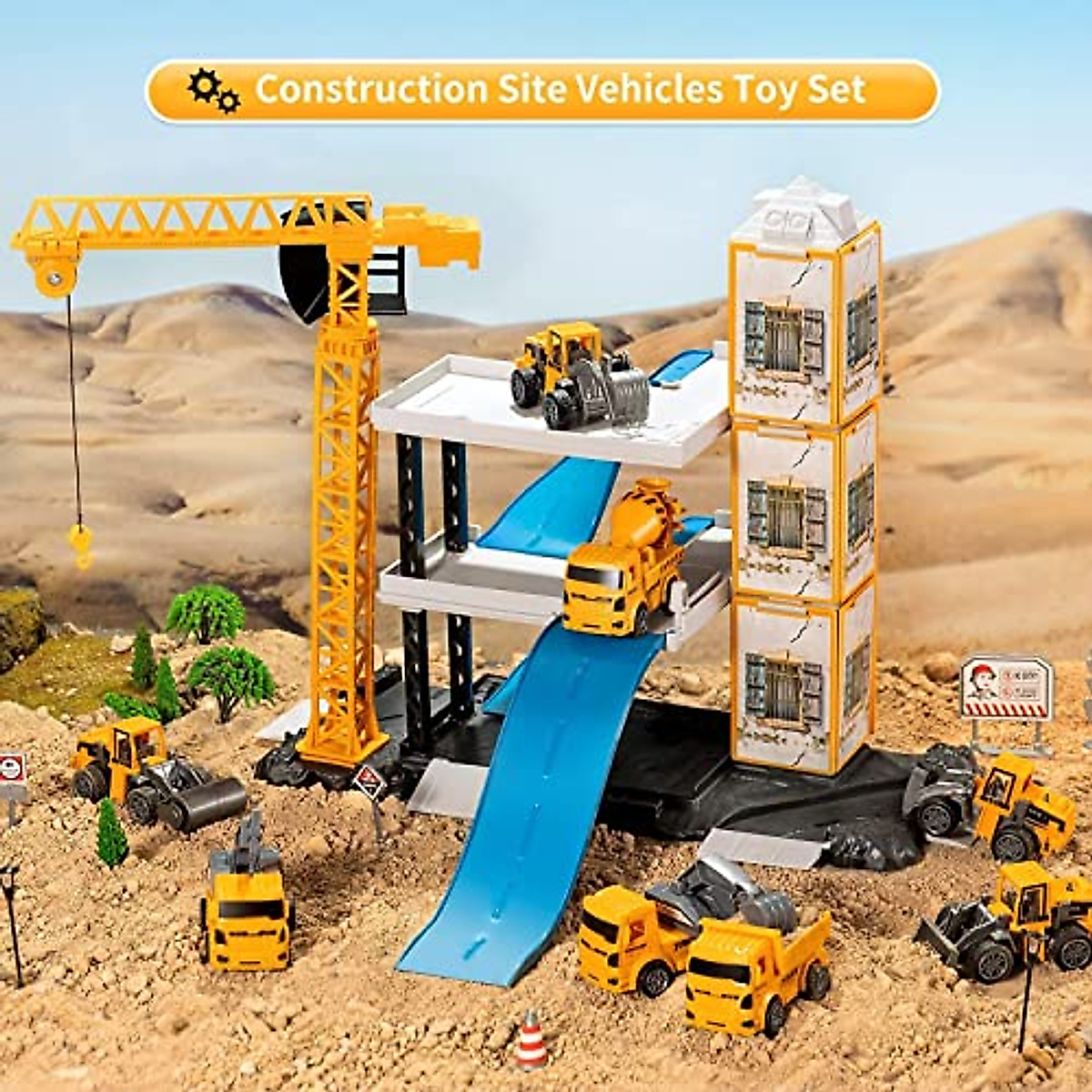 TEMI Construction Vehicles Toy for Boys, 60PCS Kids Engineering Trucks Vehicle w/Tractor, Crane, Dump, Excavator and Map, Birthday Gift Toys for 3 4 5 6 7 Year Old Boys Children Toddlers