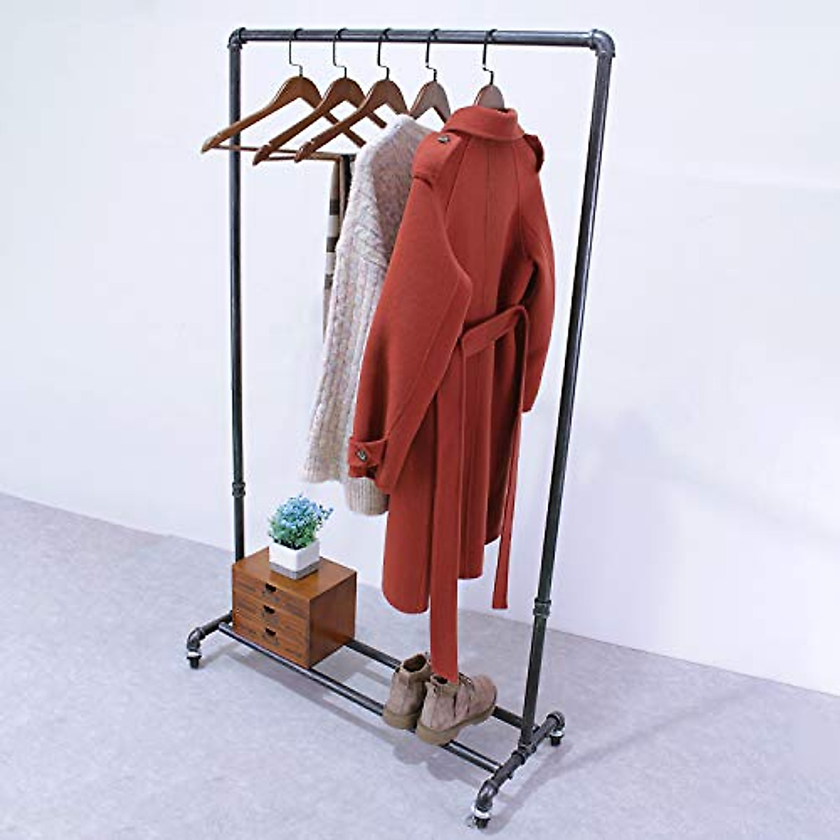 MBQQ Industrial Pipe Clothing Racks on Wheels,35in Length Heavy Duty Garment Racks Commercial Grade,Vintage Rolling Ballet Rack Clothes Display Rack Retail Display,Black Brush Silver