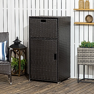 Outsunny Outdoor Towel Rack & Pool Toy Cabinet/Hot Tub Accessory Storage, Waterproof PE Rattan Cabinet & Basket Drawer for Indoor, Swimming Pool, Spa, 24"x24"x47", Dark Brown