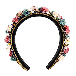 CENAPOG Baroque Crystal Rhinestone Headbands Flower Padded Hairbands for Women Girls Pearl Colorful Bead Embellished Headbands Bejewelled Wide Velvet Hair Hoop for Wedding Bridal Parties (flower)