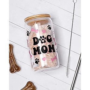 Dog Mom Gifts Beer Glass Can for Women 16oz Dog Paw Iced Coffee Cup with Bamboo Lid and Metal Straw for Dog Pets Lover Smoothie Wine Coffee Tumbler Cold Drinking Glass Birthday Gift Her Spring Summer
