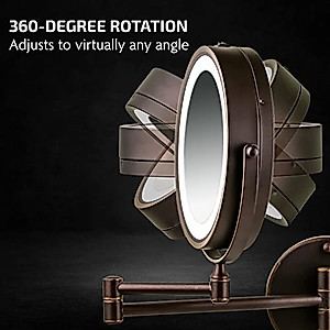 OVENTE 7" Lighted Wall Mount Makeup Mirror - 1X/ 10X Magnification, Battery Powered Glow Cosmetic Light up, Spinning 360-Degree, Double Sided LED, Extendable, Folding Arm, Antique Bronze MFW70ABZ1X10X