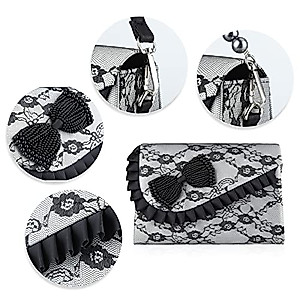 GripIt Lace Lolita Shoulder Crossbody Bag Bow-Knot Clutch Purses with Pearl Handle Chain for Women Girls Party Evening Handbag,Black