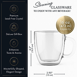 ELIXIR GLASSWARE Large Double Wall Coffee Mug 16 oz - Double Wall Glass 1 pack - Insulated Coffee Mug with Handle (16 oz)