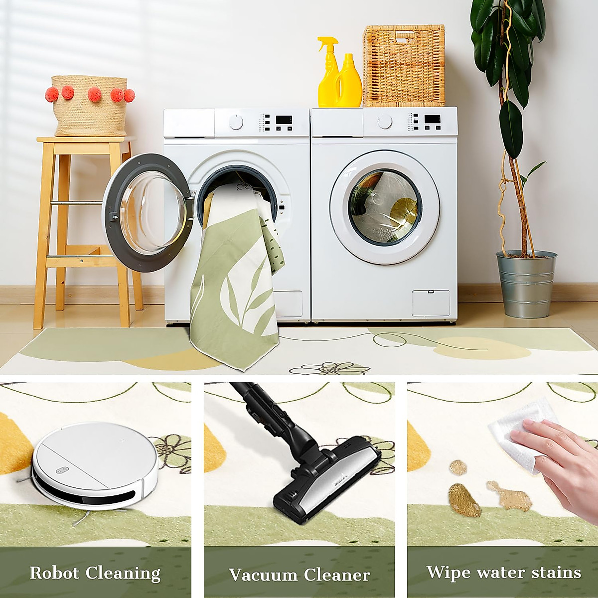 nesrt Green Washable Area Rug 5x7, Boho Kids Bedroom Playroom Rug, Non-Slip Botanical Living Room Rugs, Soft Floral Floor Carpet for Kitchen Nursery Laundry Room (Green, 5'x7')