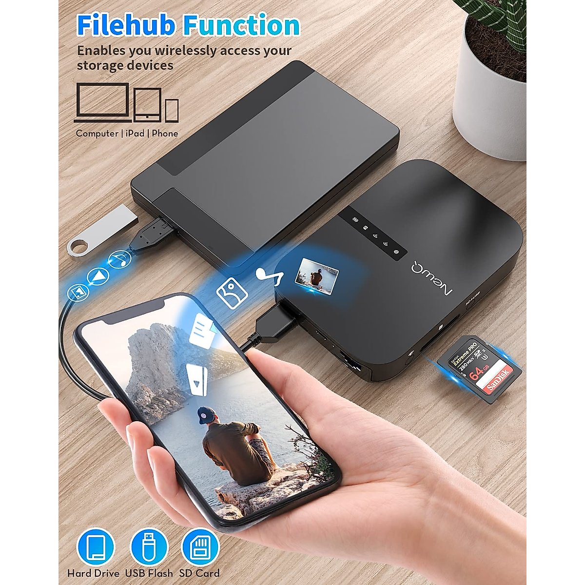 NewQ Filehub AC750 Travel Router: Portable Hard Drive SD Card Reader & Mini WiFi Range Extender for Travel | Wireless Access External Harddrive & USB Storage Device to Backup Photo & Files from iPhone