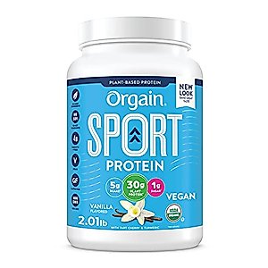 Orgain Vanilla Sport Plant-Based Protein Powder - 30g of Protein, Made with Organic Turmeric, Ginger, Beets, Chia Seeds, Brown Rice and Fiber, Vegan, Made Without Gluten & Dairy, Non-GMO, 2.01 lb