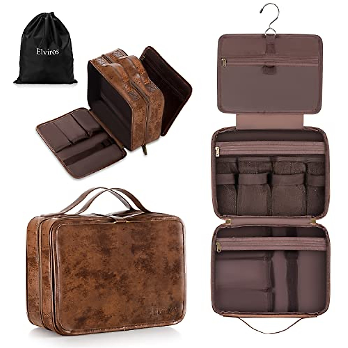 Elviros Hanging Travel Toiletry Bag for Men, 3 In 1 Large Makeup Bag Organizer for Women, Water-resistant PU Leather Dopp Kit Shaving Bag for Bathroom Toiletries, Cosmetics (Dark Brown)