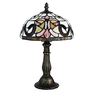 Pink/Amber Fleur-de-lis Tiffany Stained Glass Shade & Lamp Base - Perfect for a Living Room, Bedroom, Office, & More