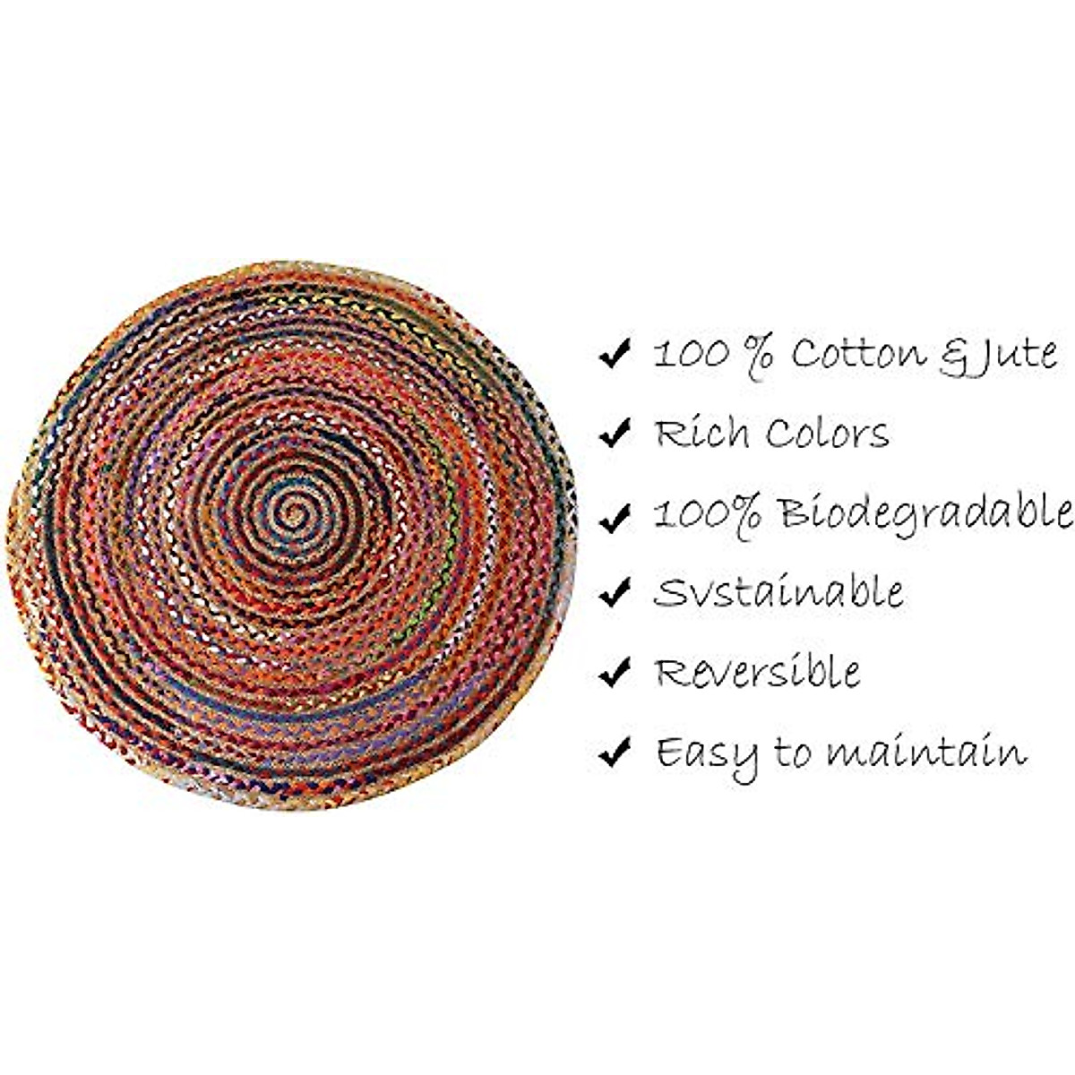 Devik Decor Braided Boho Natural Cotton Chindi Rugs Reversible Non Slip Carpet Handmade Round Area Rug for Farmhouse Living Room Bedroom Kitchen Outdoor Mate, AR01 (3Ft (36 Inches X 36 Inches))