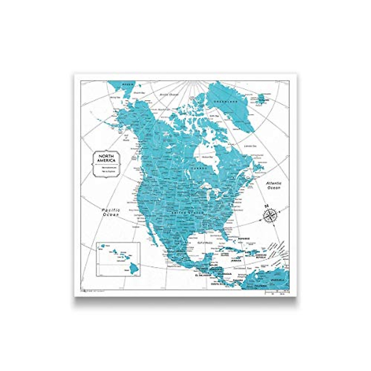 Push Pin North America Map Board - With Push Pins to Mark North America Travel - Handmade in Ohio, USA - Design: Teal Color Splash