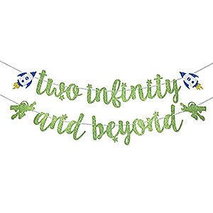 Light Green Glitter Two Infinity and Beyond Banner Pre-strung for Kids' 2nd Birthday Party Decorations