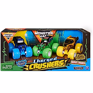 Monster Jam, Charged Crushers 3-Pack (Grave Digger, Son-Uva Digger and Earth Shaker), 1:64 Scale