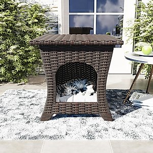 Gardenbee Patio End Table, Wicker Side Table and Cat Bed with A Cushion for Cats, Hand-Woven PE Wicker and Thick Cushion