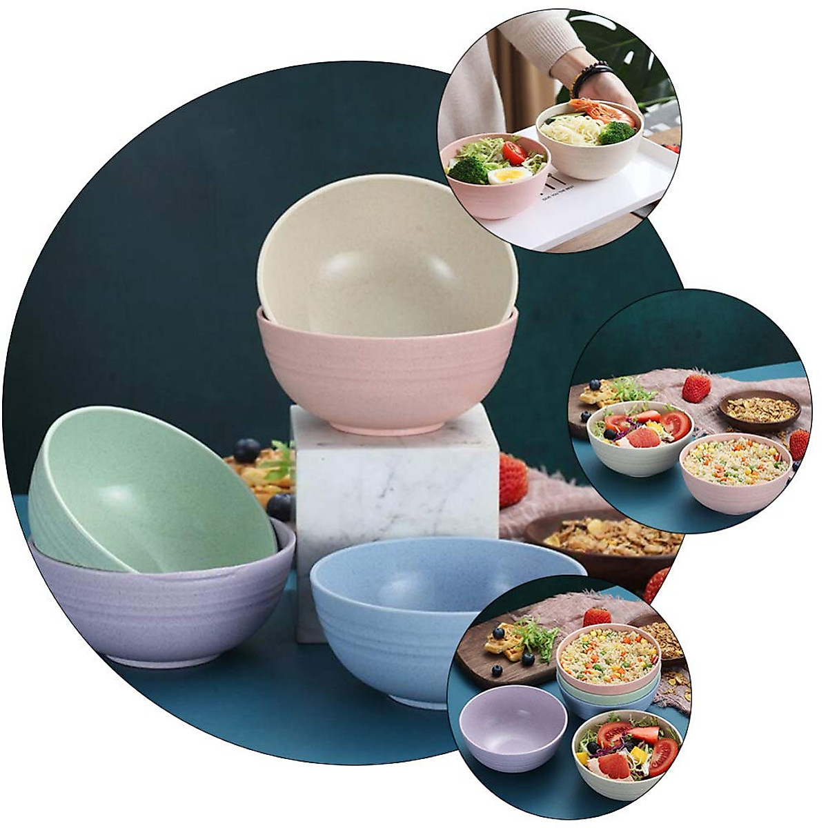 Hemoton 10pcs Unbreakable Cereal Bowls Wheat Straw Fiber Dishwasher and Microwave Safe Bowls for Dinner Dessert Rice Soup Pink Blue Beige Green Purple