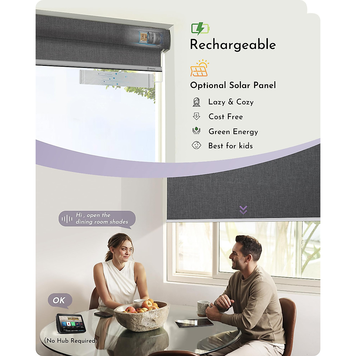 Graywind Motorized Roller Shades Work with Alexa Google Smart Blackout Shades with Remote Insulated Triple Weaved Fabric Window Blinds with Valance for Smart Home Office, Customized Size (Dark Grey)